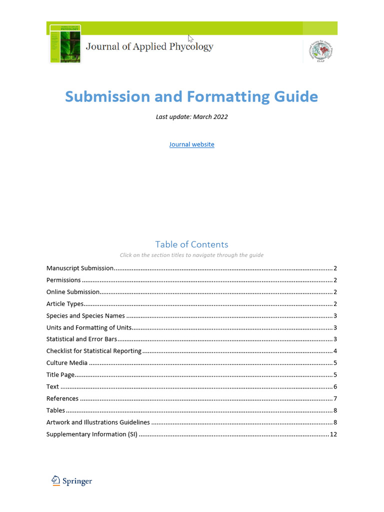 Journal of Applied Phycology - Submission and Formatting Guide | PDF ...