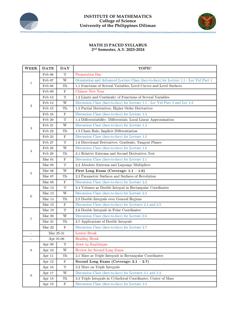 MATH 23 Syllabus: 2nd Sem 2023-2024 | PDF | Derivative | Integral