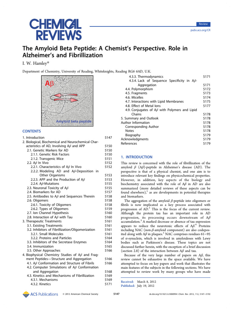 The Amyloid Beta Peptide A Chemist S Perspective. Role in Alzheimer's ...