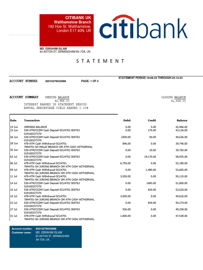 Citybank Statement | PDF | Automated Teller Machine | Debit Card