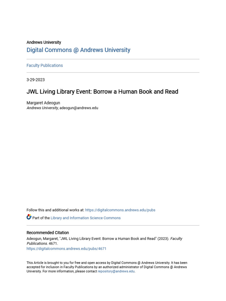 JWL Living Library Event - Borrow A Human Book and Read | PDF | Libraries