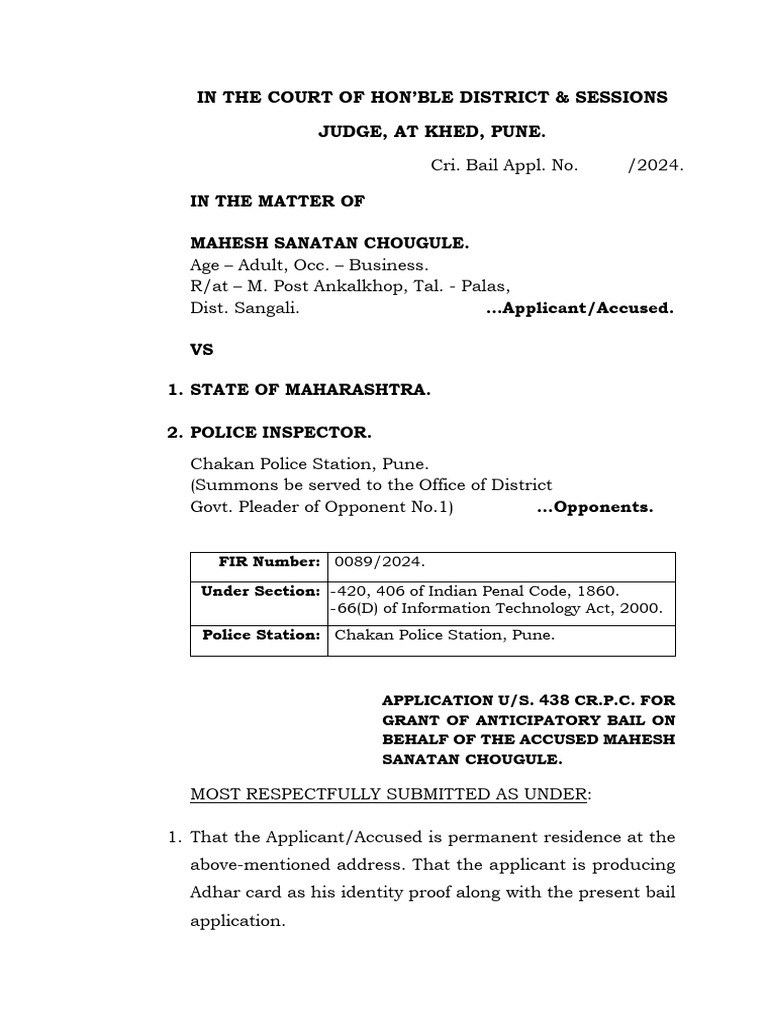 Anticipatory Bail Application under IPC 420 | PDF | Bail | Justice