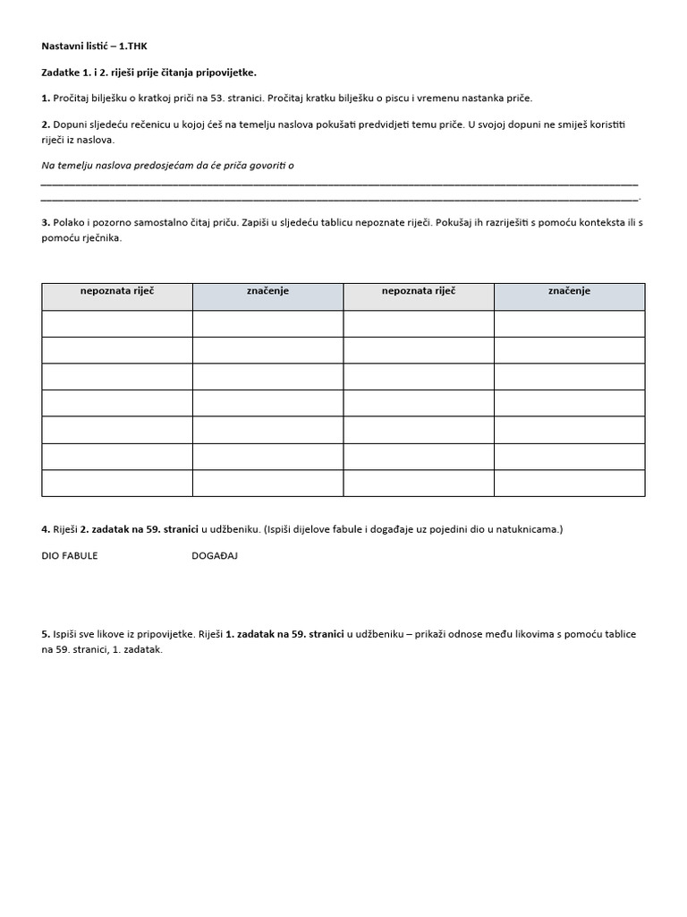 Nastavni Listić 1.thk - Kratka Priča, Carver | PDF