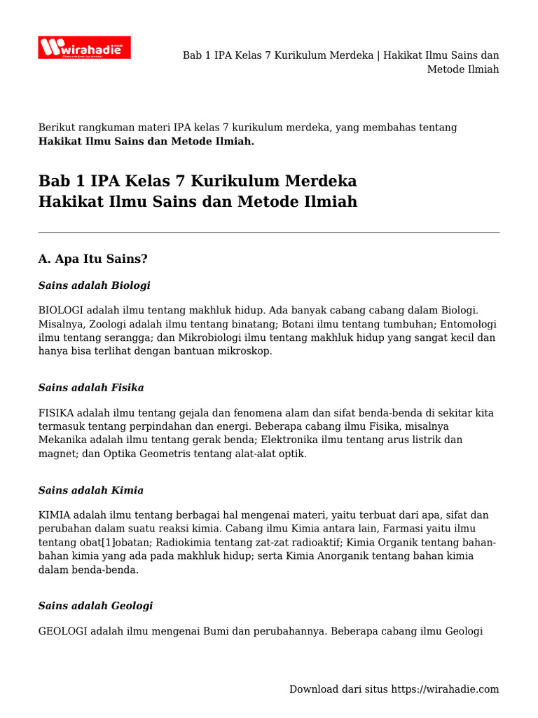 Bab 1 IPA Kelas 7 Kurikulum Merdeka Hakikat Ilmu Sains Dan Metode Ilmiah | PDF