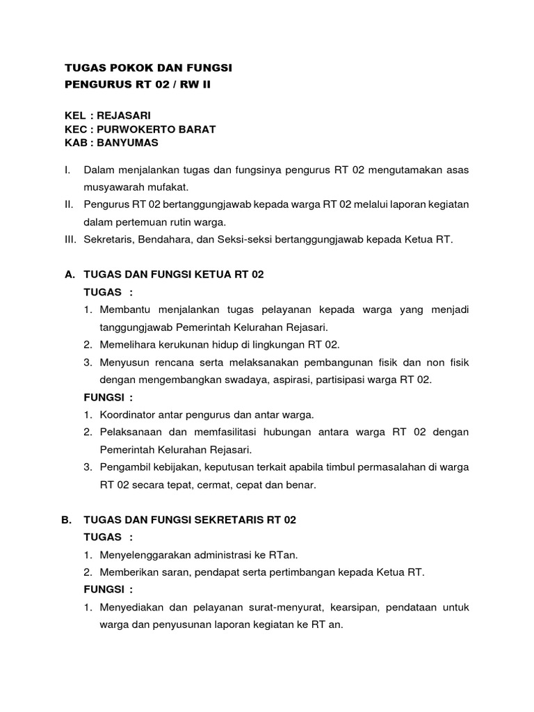 TUGAS POKOK DAN FUNGSI RT 02 PDF | PDF