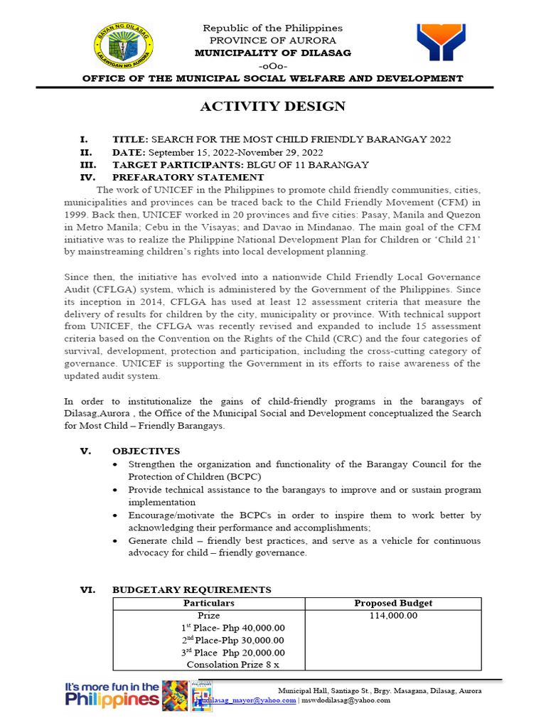 Activity Design Child Friendly Barangay 2022 | PDF | Philippines