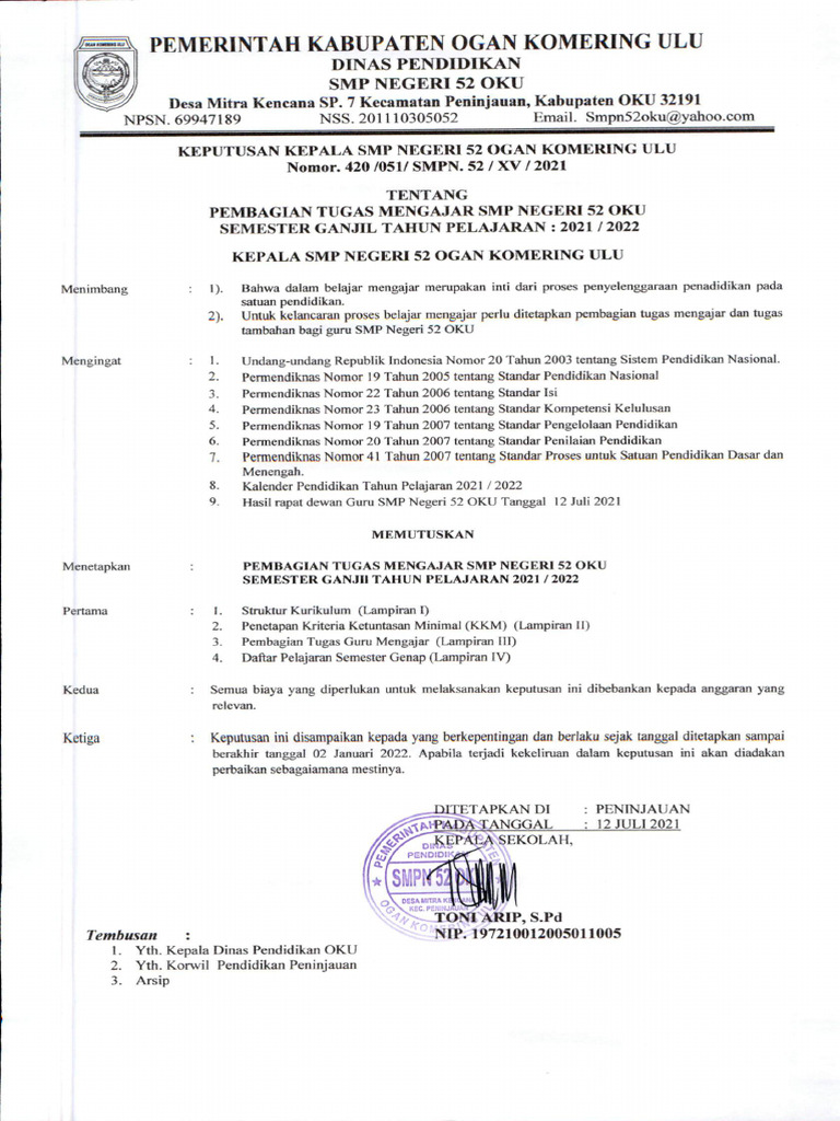 SK Pembagian Tugas 2021-2022 Dan 2022-2023 | PDF