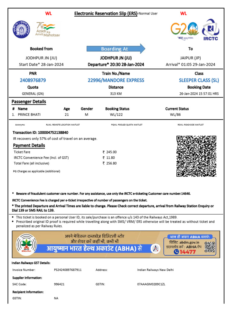 22996/mandore Express Sleeper Class (SL) : WL WL | PDF | Identity Document