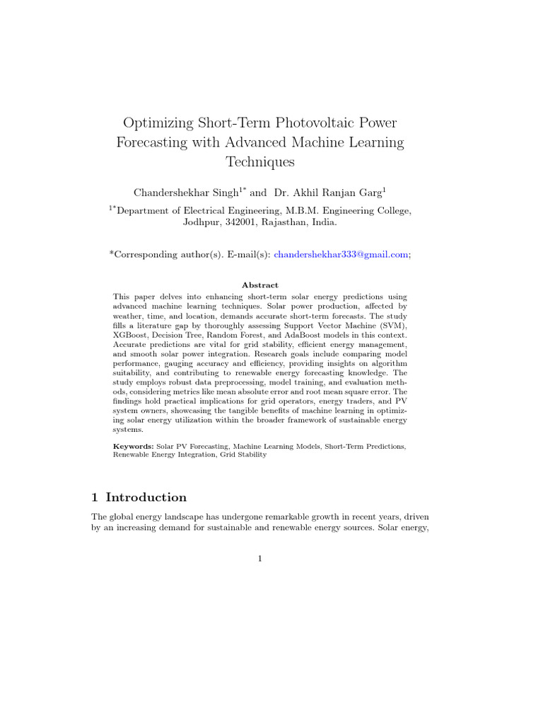 Optimizing Short-Term Photovoltaic Power Forecasting With Advanced Machine Learning Techniques ...