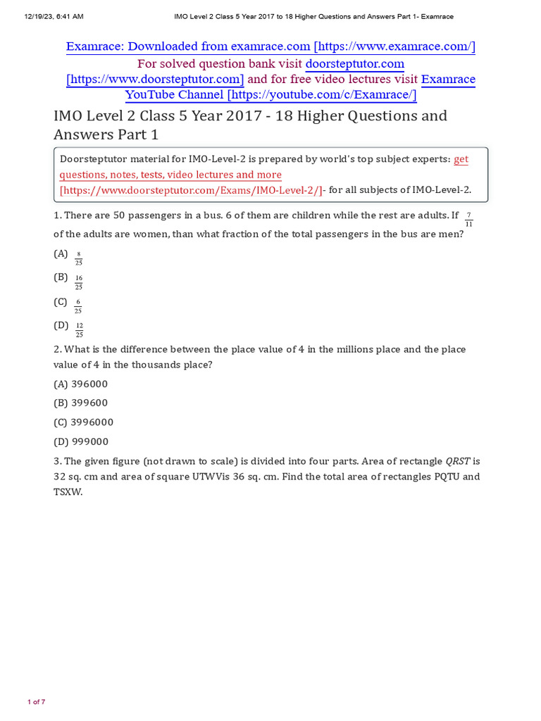 IMO Level 2 Class 5 Year 2017 18 Part 1 | PDF | Faq | Area