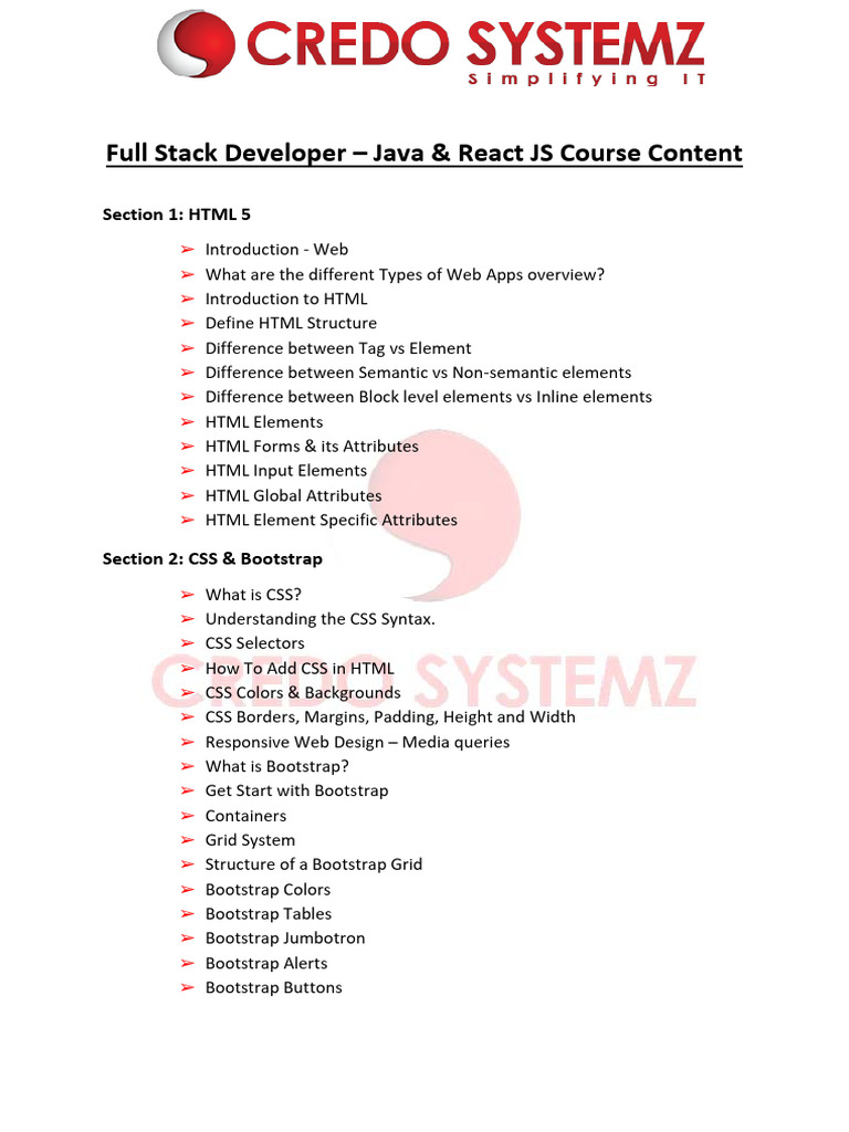 Full Stack Developer - Java-ReactJS-Course Content | PDF | Spring Framework | Java Script