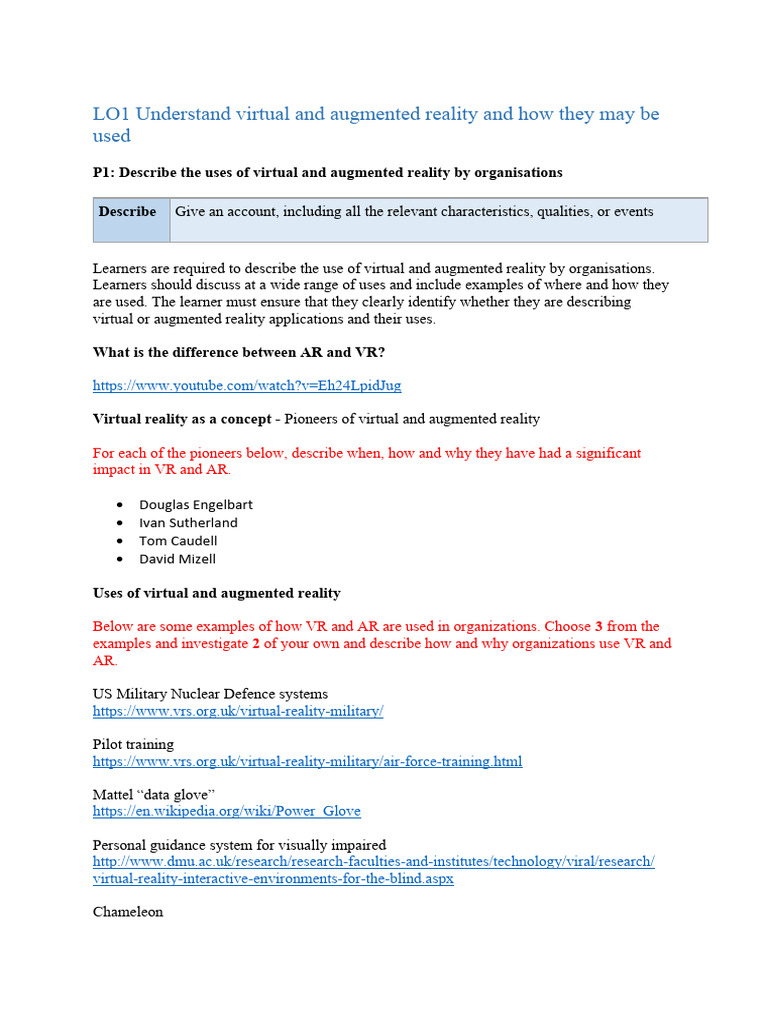 LO1 Understand Virtual and Augmented Reality and How They May Be Used | PDF | Augmented Reality ...