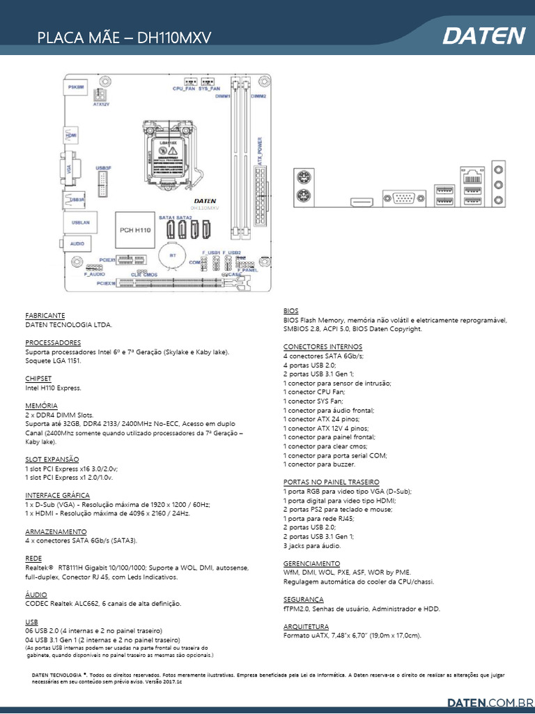 05ficha TÃ©cnica Placa MÃ e DH110MXV | PDF | USB | Arquitetura de ...