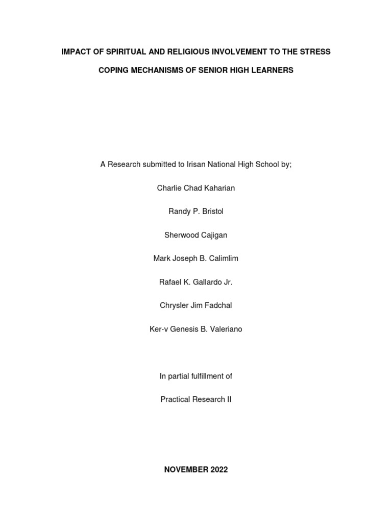 SPIRITUAL AND RELIGIOUS INVOLVEMENT Practical Research 1 Proposal | PDF ...