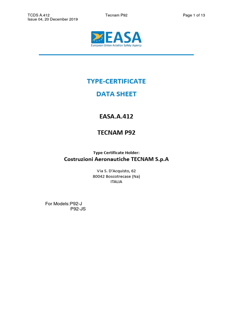Tecnam P92 Type Certificate Data Sheet | PDF | Aviation | Transport