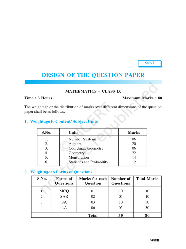 Class IX Mathematics Question Paper Blueprint | PDF | Area | Triangle