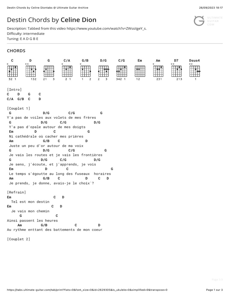 Accords de "Destin" - Céline Dion | PDF