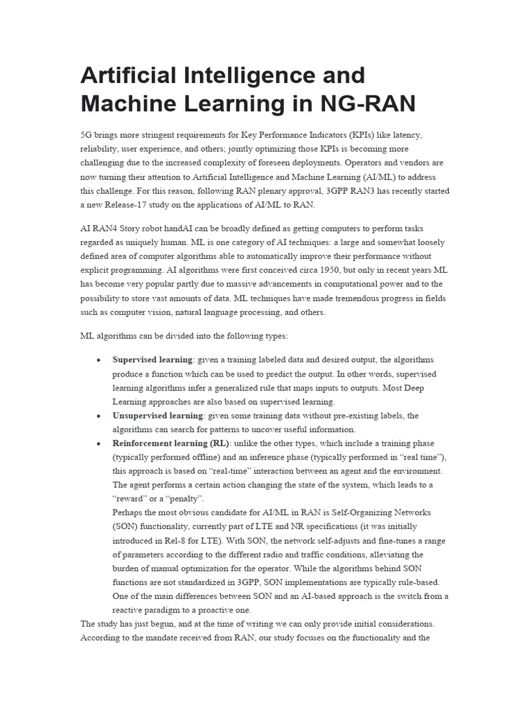 Artificial Intelligence and Machine Learning in NG-RAN | PDF | Machine ...