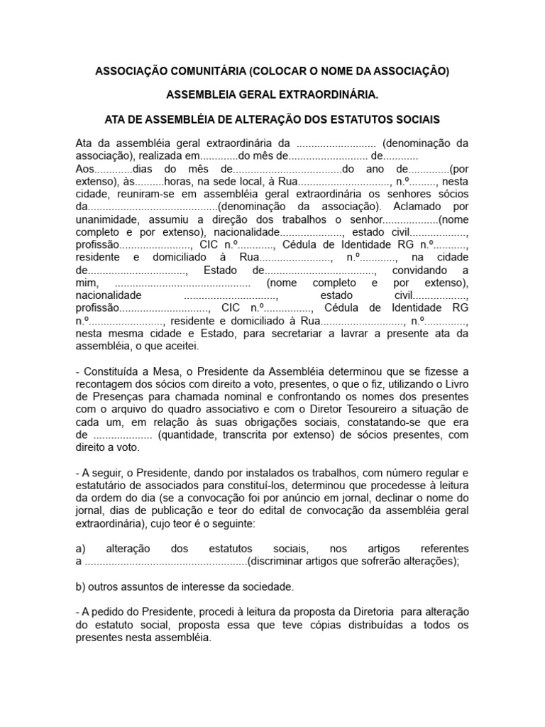 Modelo De Ata De Assembléia Pdf