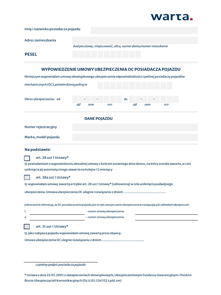 WARTA Wypowiedzenie OC Posiadacza Pojazdu | PDF