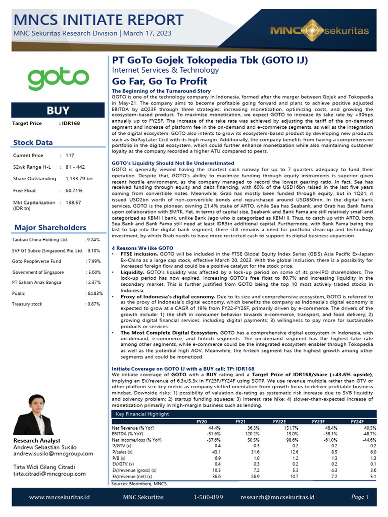 GOTO IJ - MNC Sekuritas Equity Report (170323) | PDF | Investing | Service Industries