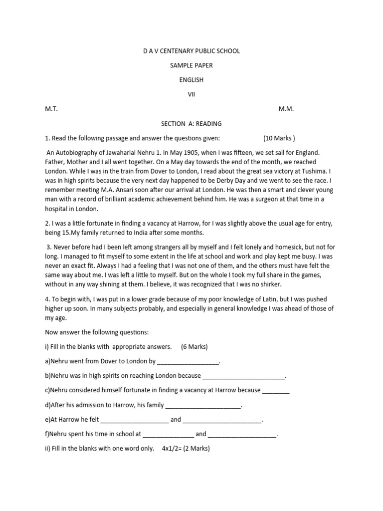 Class Vii English Sample Paper 2 | PDF