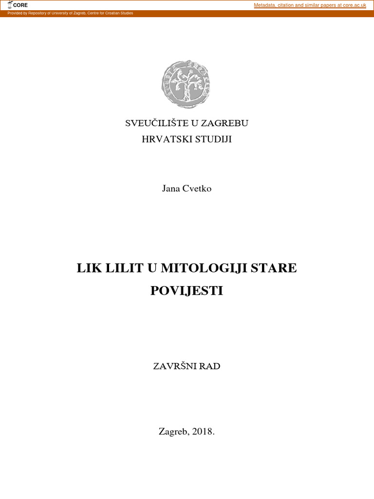 Lik Lilit U Mitologiji Stare Povijesti: Sveučilište U Zagrebu Hrvatski Studiji | PDF