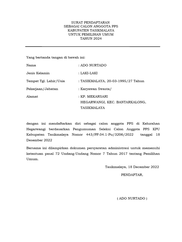 Contoh Surat - Pendaftaran - PPS | PDF