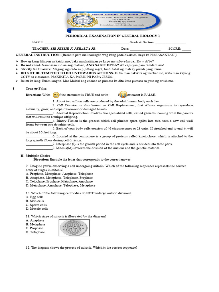General Biology 1 Exam Guide | PDF | Meiosis | Mitosis