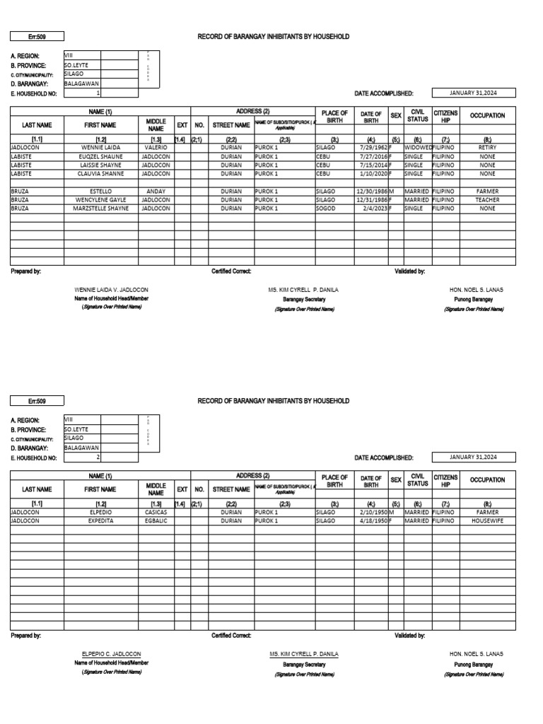 Rbi Form A Record of Barangay Inhibitants by Household | PDF ...
