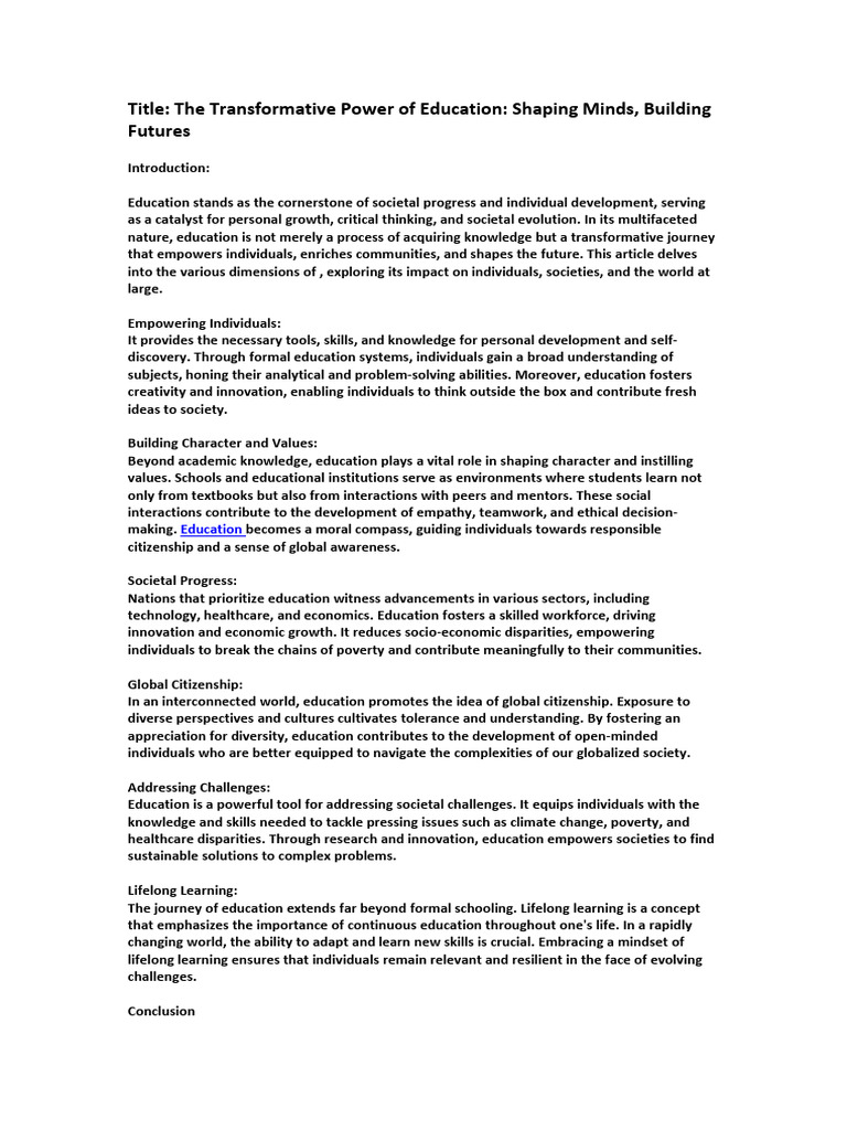 Title: The Transformative Power of Education: Shaping Minds, Building Futures | PDF | Lifelong ...