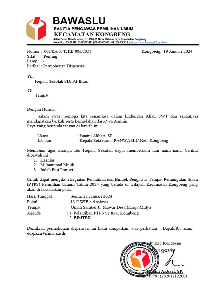 Surat Dispensasi atau ijin bawaslu | PDF