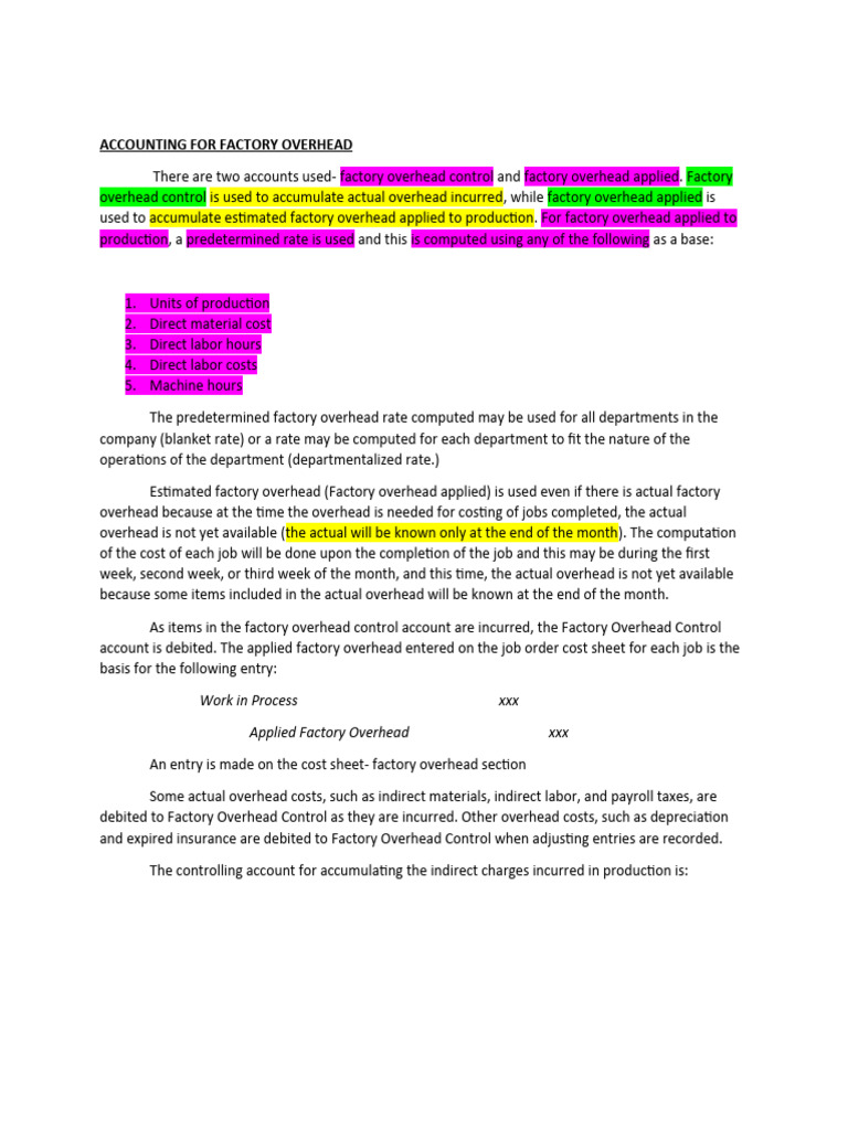 Understanding Factory Overhead Accounting Pdf Cost Debits And Credits