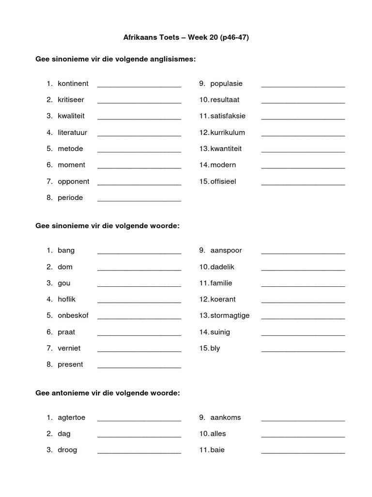 Afrikaans Toets Week20 | PDF
