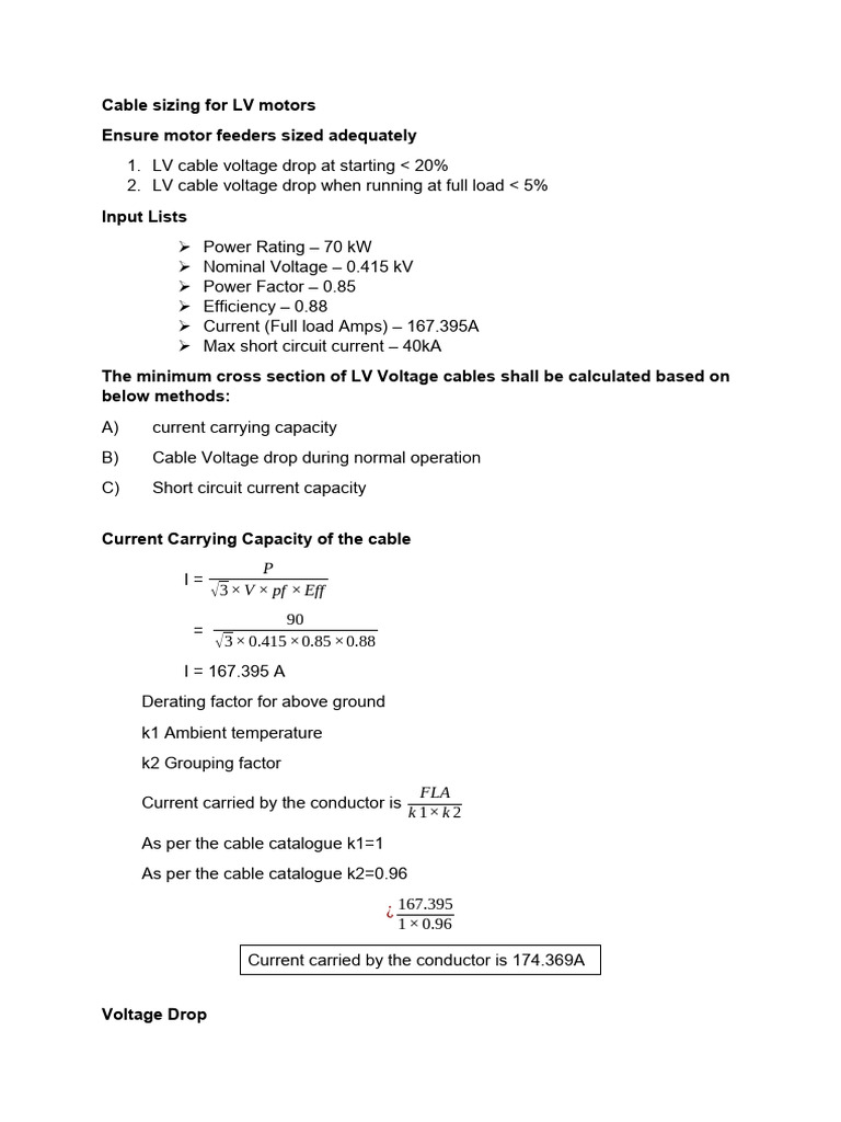 LV Cable Sizing for Motors | PDF | Civil Engineering | Electrical Equipment