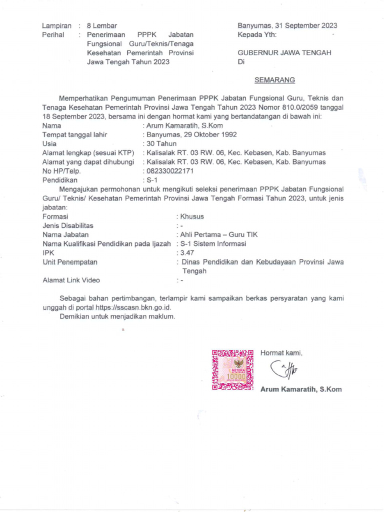 Surat Lamaran Arum Bermaterai Salah | PDF