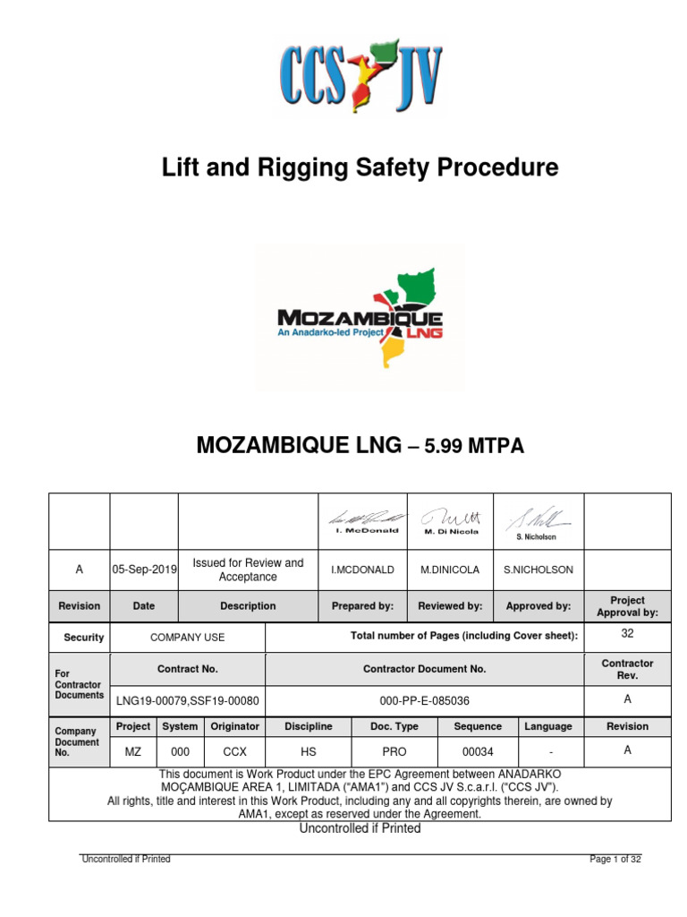 MZ-000-CCX-HS-PRO-00034 Lift and Rigging Safety Procedure Rev.A | PDF | Elevator | Crane (Machine)
