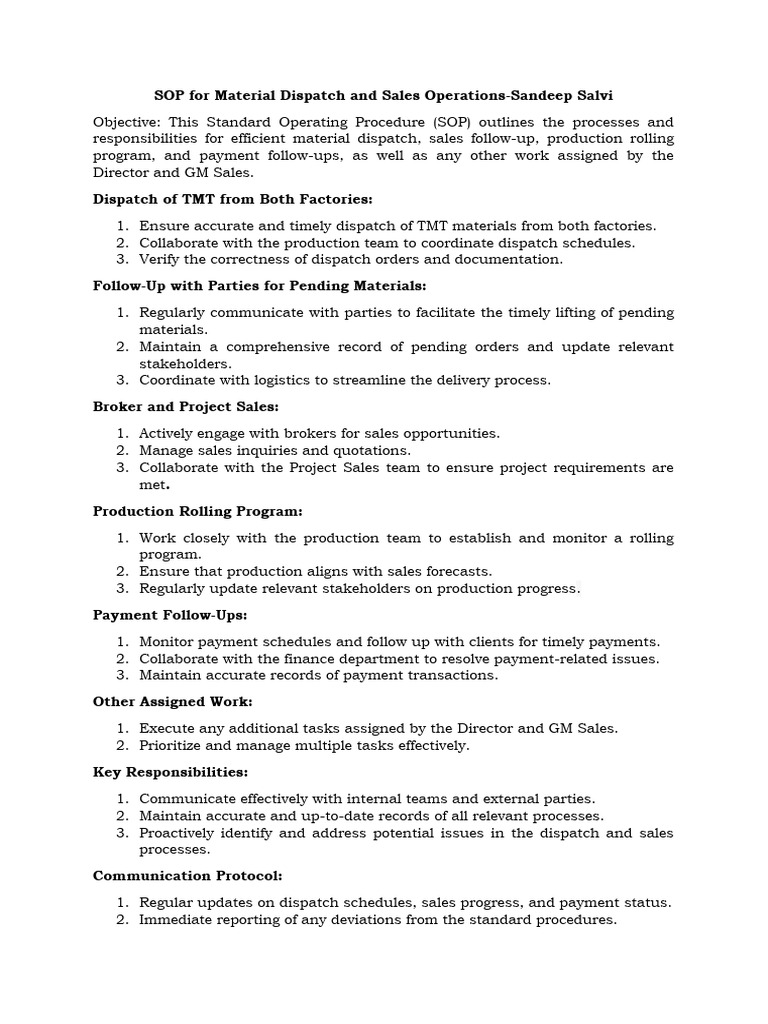 SOP For Material Dispatch and Sales Operations - Sandeep Salvi | PDF ...
