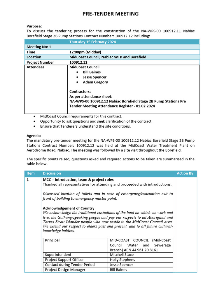 MidCoast Council Tender Meeting Summary | PDF | General Contractor | Building Engineering