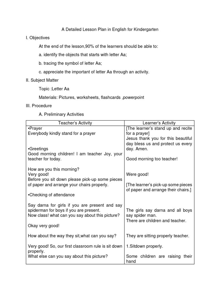 Letter Aa Lesson Plan for Kindergarten | PDF | Lesson Plan | Teachers