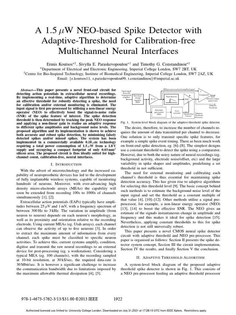 A 1.5μW NEO-based Spike Detector with Adaptive-Threshold for Calibration-free Multichannel ...