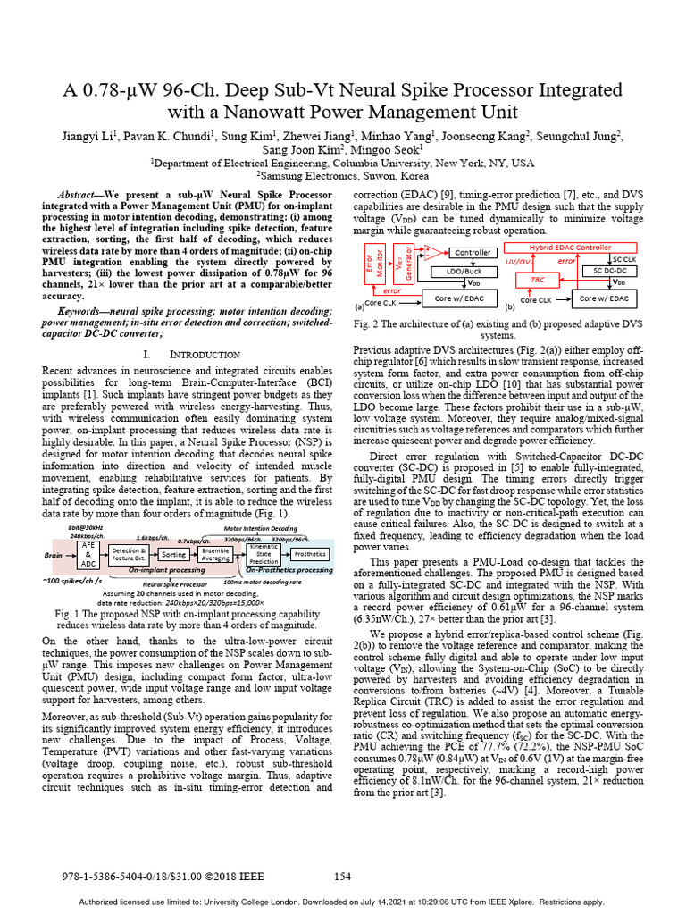 A 0.78 - W 96-Ch. Deep Sub-Vt Neural Spike Processor Integrated With A Nanowatt Power Management ...