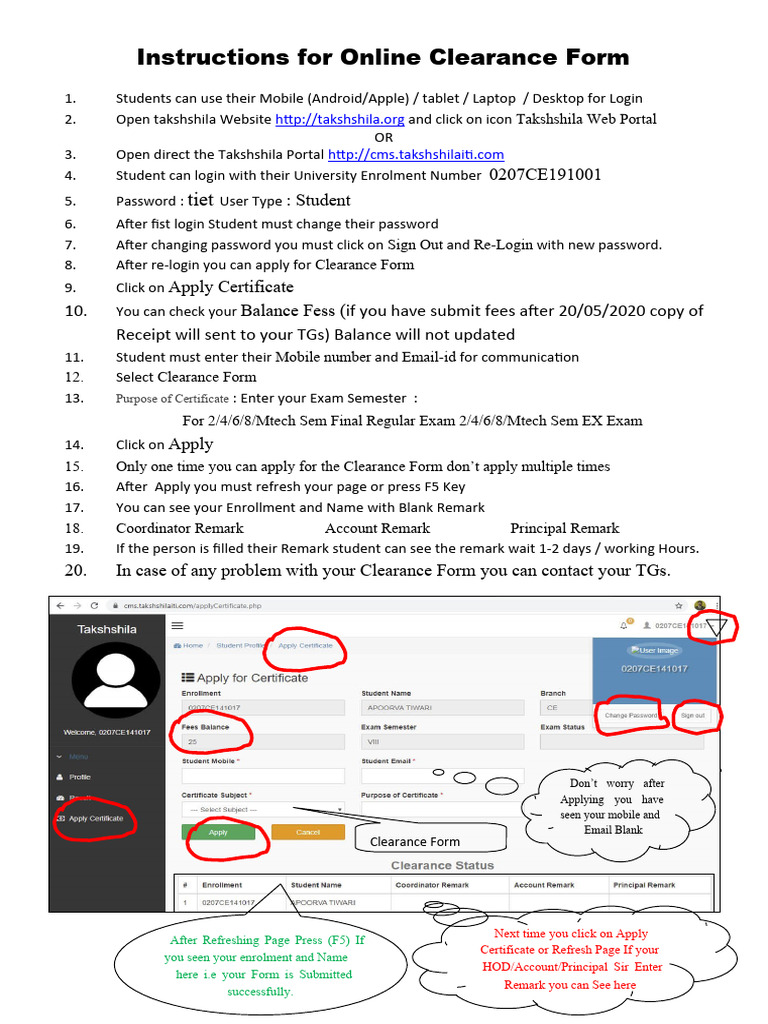 Instructions For Online Clearance Form | PDF | Password | Mobile App