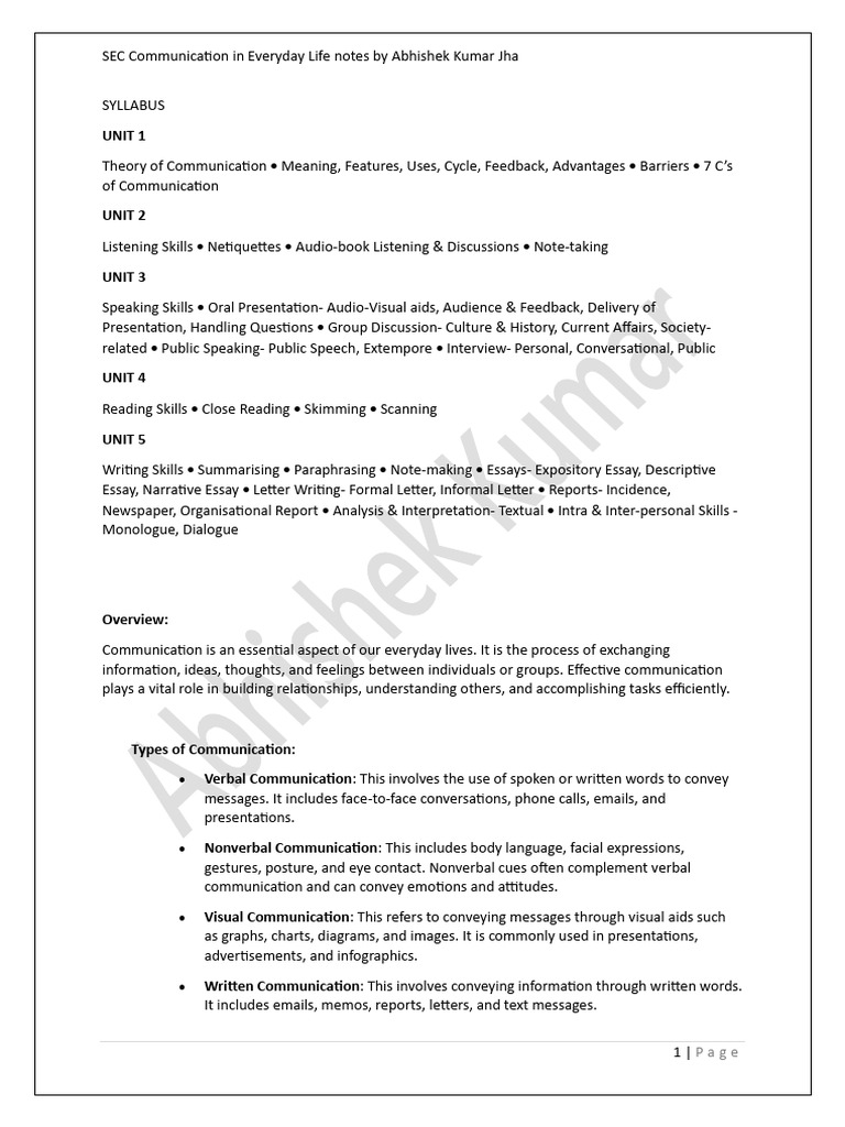 SEC Communication in Everyday Life Syllabus | PDF | Communication | Essays