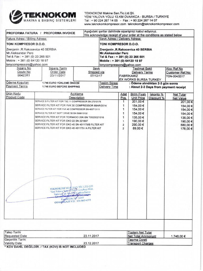 Teli+902242671405 Fax:+902242671407 - Teknokomkompresor Proforma Invo ...