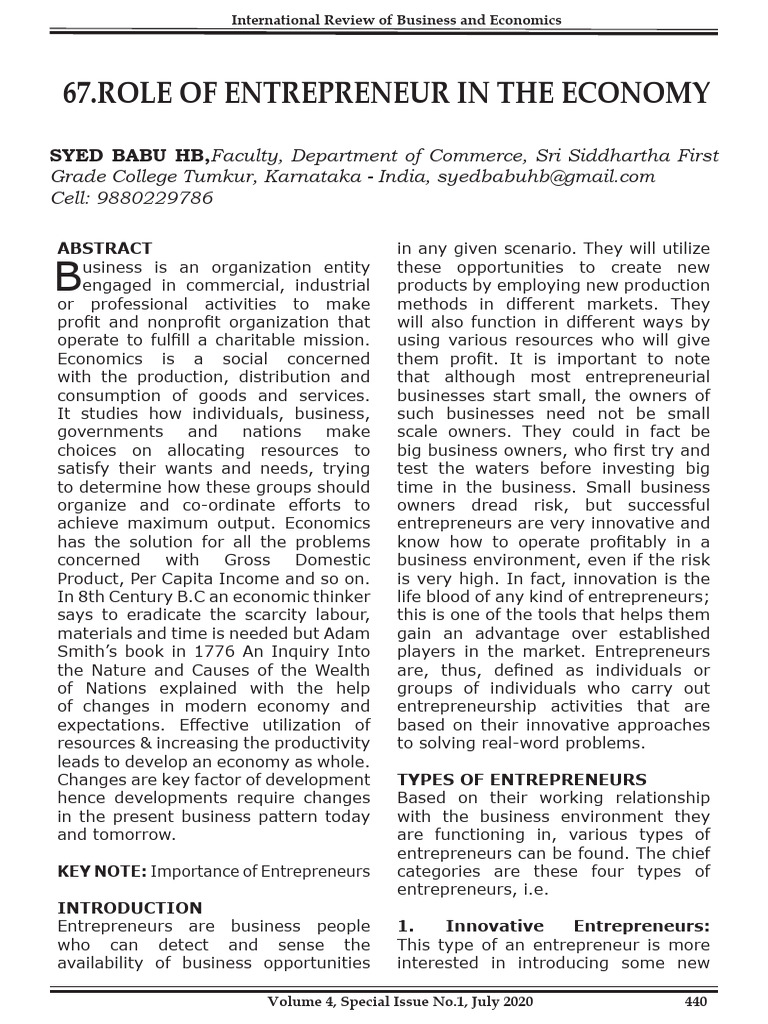 Role of Entrepreneur in The Economy | PDF | Entrepreneurship | Economics