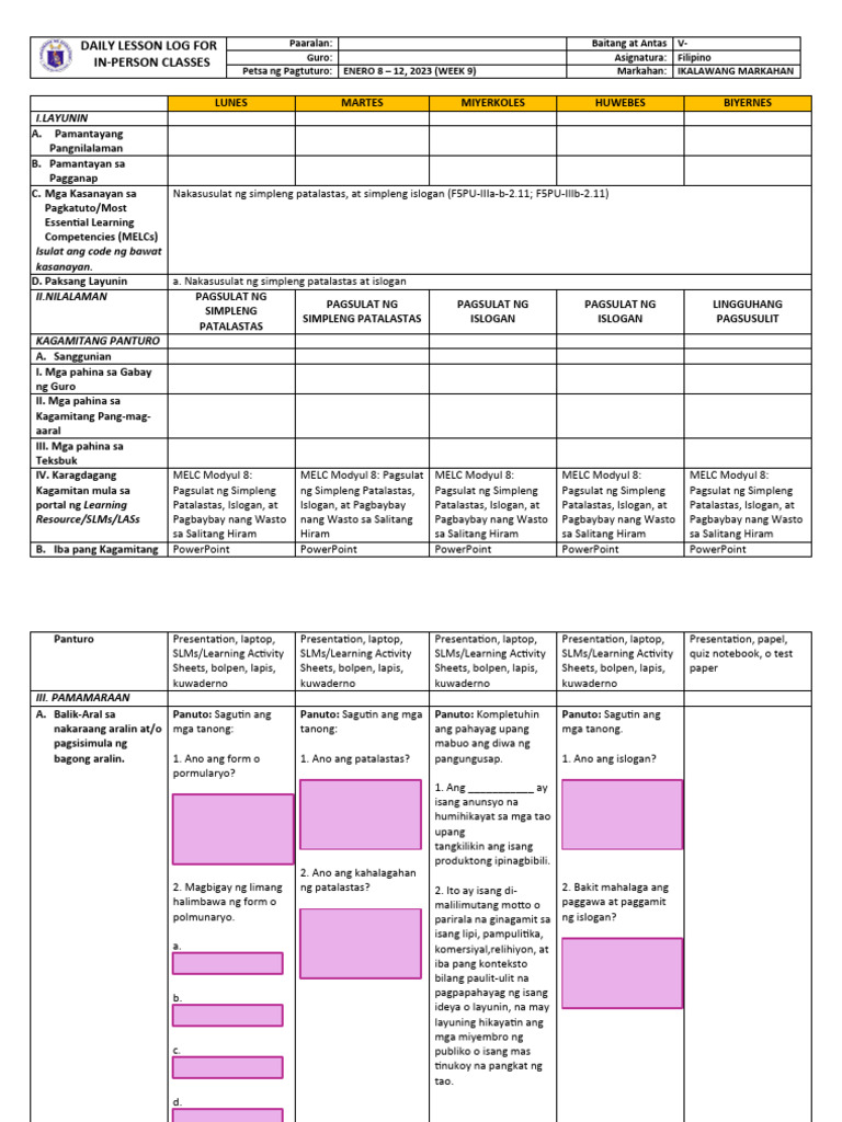 DLL FILIPINO (MELCs) W9 | PDF