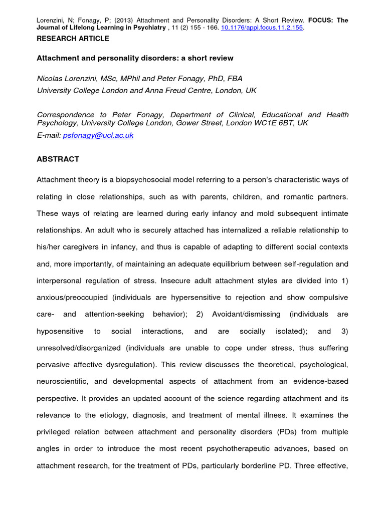 Fonagy Template Applied Attachment and PD Paper for FOCUS Lorenzini and ...