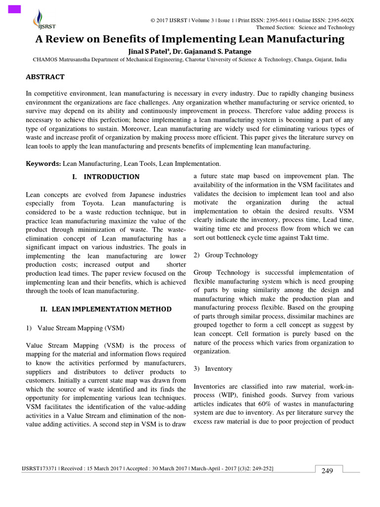 2011 - A Review On Implementing Lean Manufacturing Benefit | PDF | Lean Manufacturing | Inventory