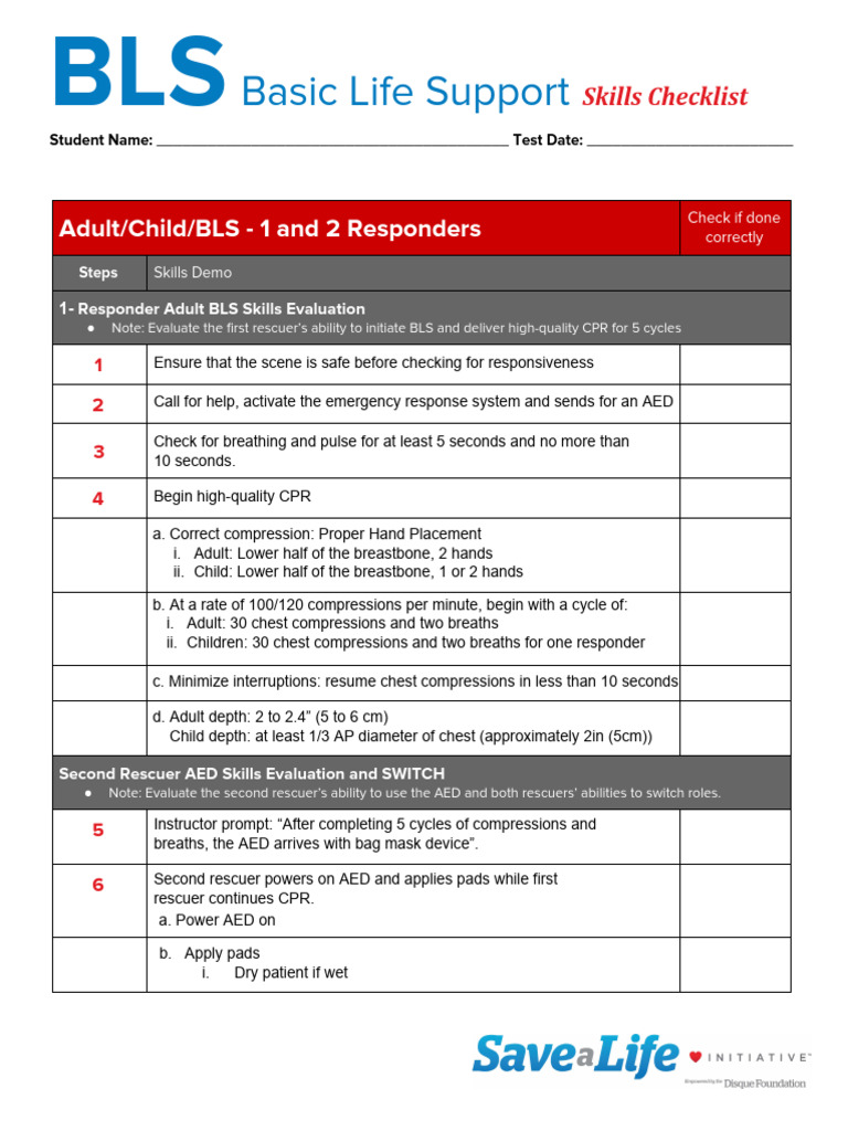 BLS Skills Testing Checklist | PDF | Cardiopulmonary Resuscitation ...